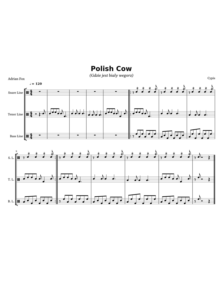 Polish Cow Sheet music for Snare drum, Tenor drum, Bass drum ...