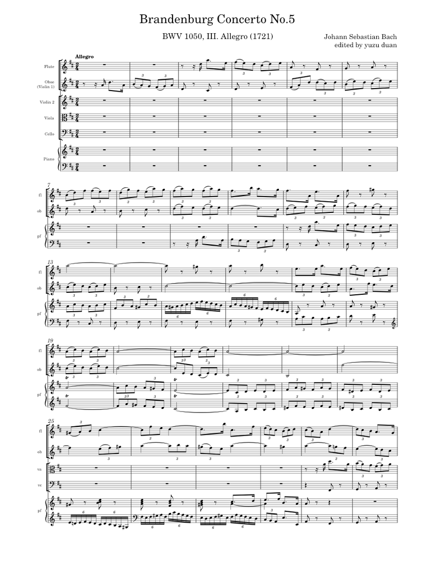 Brandenburg Concerto No.5, BWV 1050 Sheet Music for Piano, Flute, Oboe ...