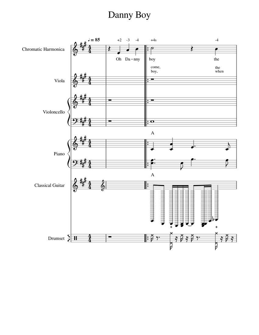 Danny Boy Sheet Music with Chords for Piano, Viola, Cello, Guitar ...