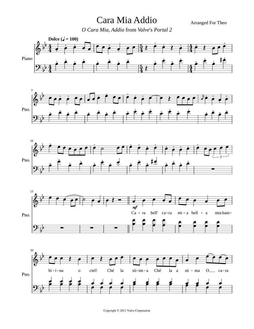 Cara mi addio Cara Mia Addio - adjusted Sheet music for Piano (Solo) | Musescore.com