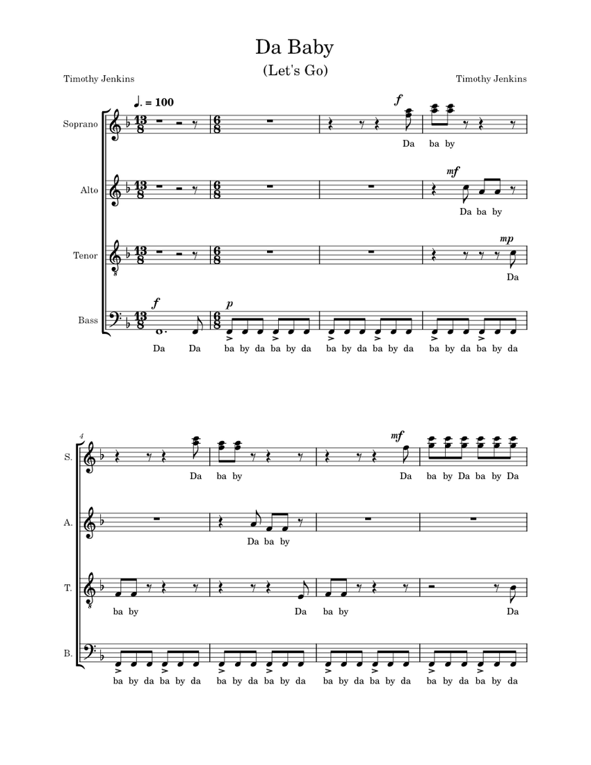 Da Baby (Let's Go) Sheet music for Soprano, Alto, Tenor, Bass voice ...
