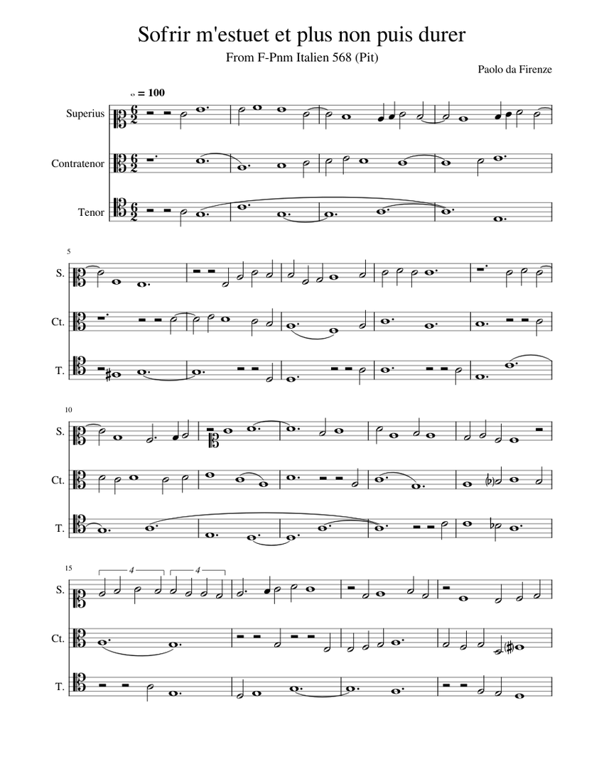 Sofrir m'estuet et plus non puis durer Sheet music for Soprano, Alto ...