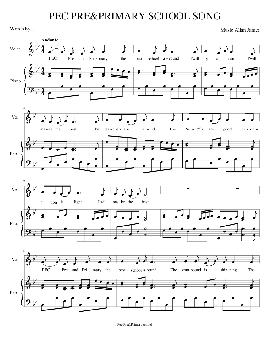PEC PRE&PRIMARY SCHOOL SONG music by Allan James Sheet music for Piano ...