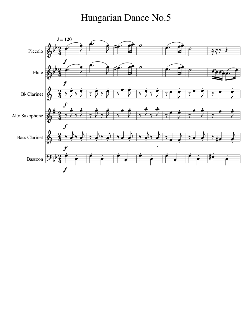 Hungarian Dance No.5 Sheet Music for Flute piccolo, Flute, Clarinet in ...