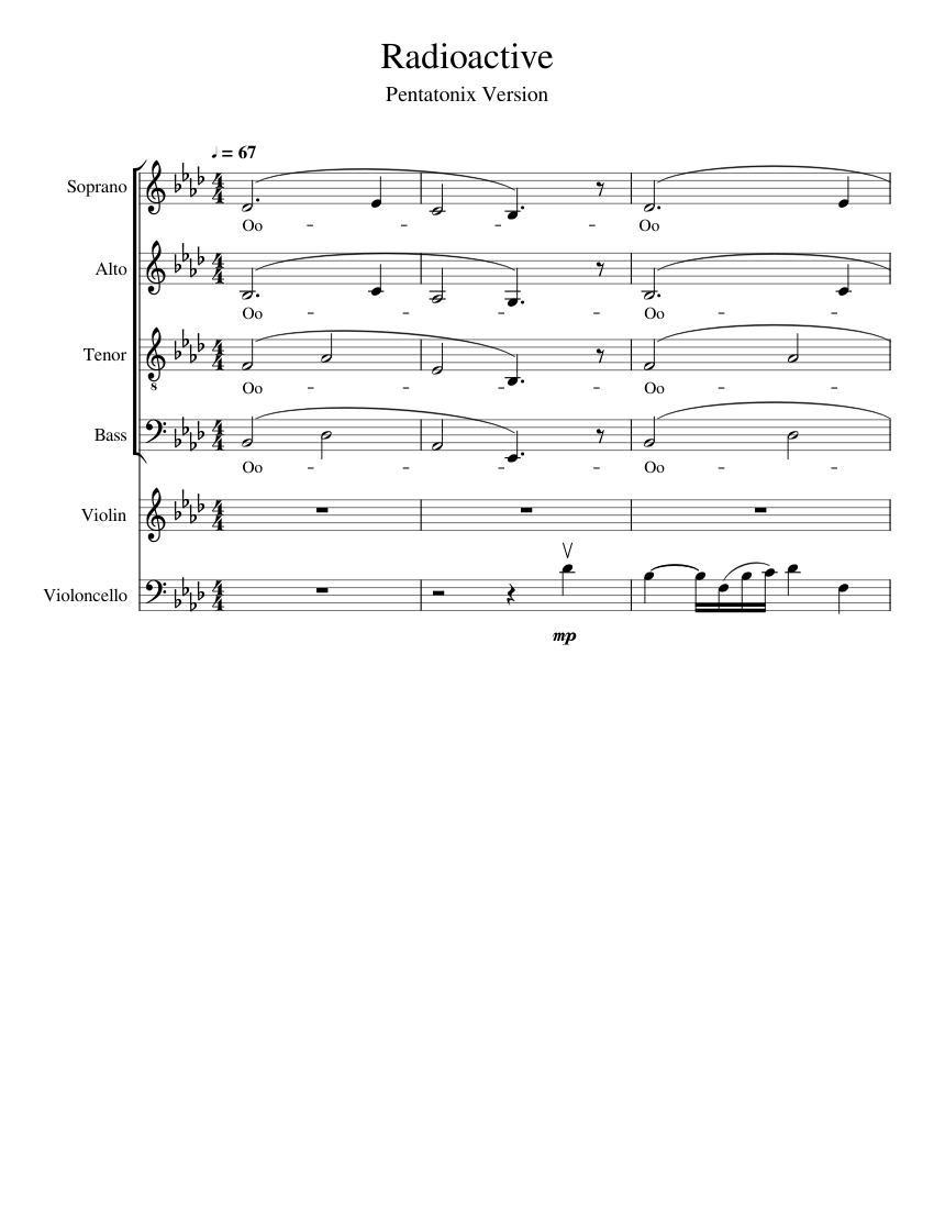 Radioactive-Pentatonix Sheet Music for Piano, Violin, Cello (Mixed ...