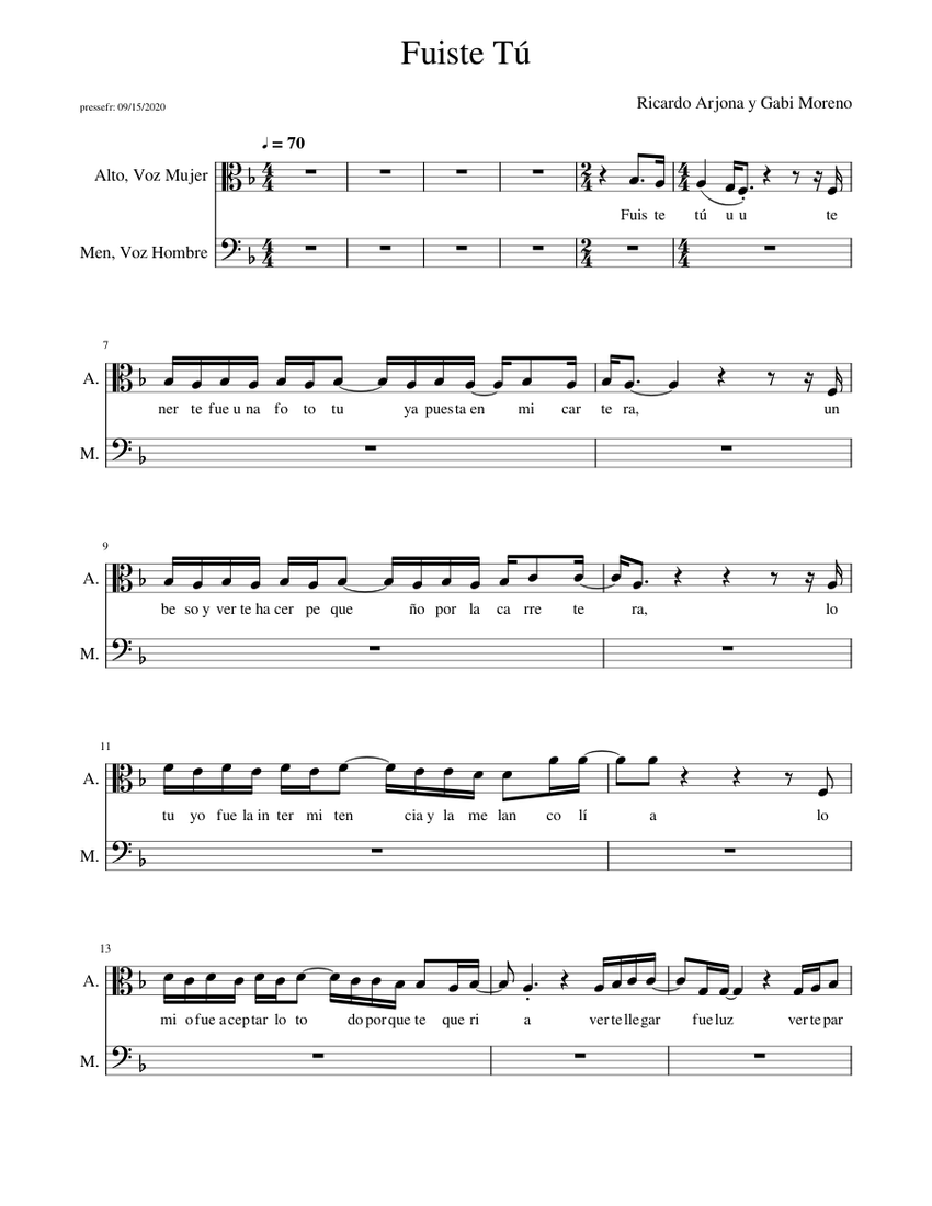 [Spanish] Ricardo Arjona y Gabi Moreno -- Fuiste Tú Sheet Music for ...