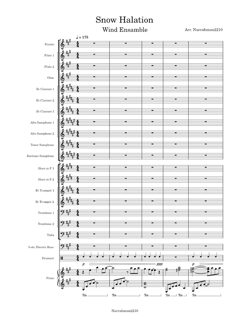 Snow Halation Sheet Music for Piano, Trombone, Tuba, Flute piccolo ...