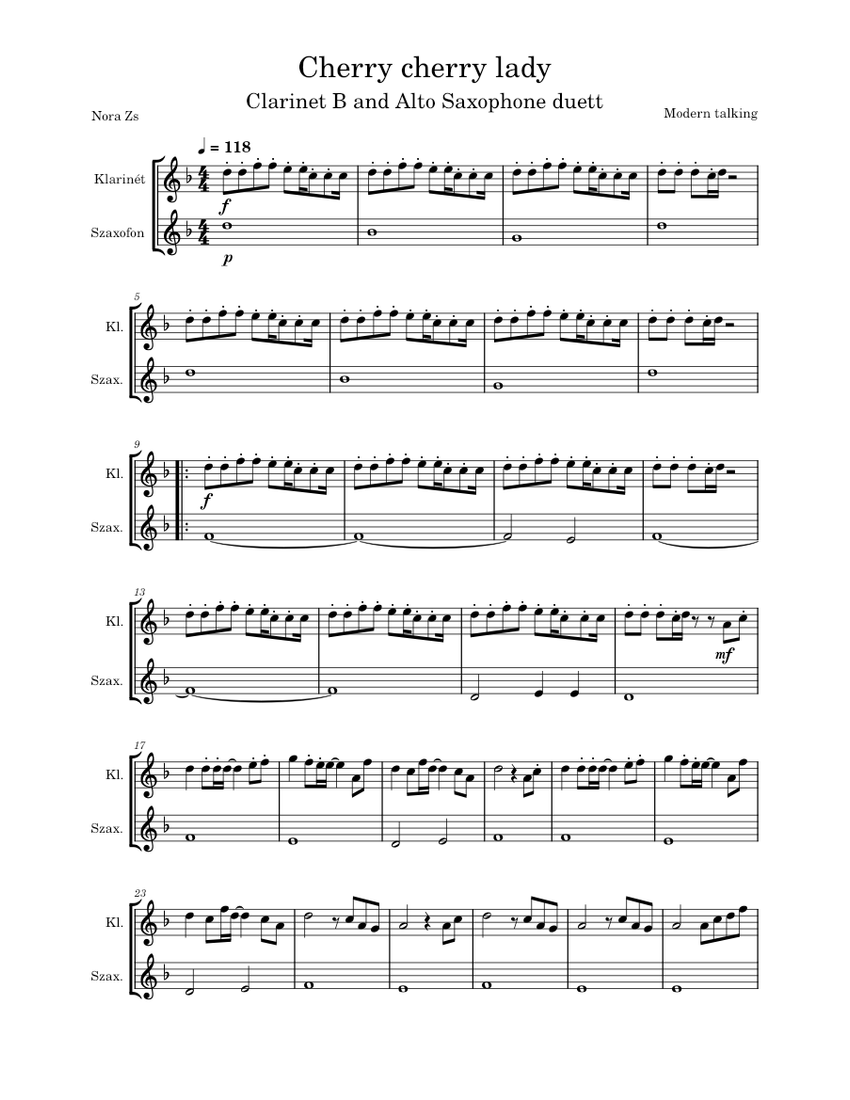 Cherry cherry lady Sheet Music for Clarinet other, Saxophone other ...