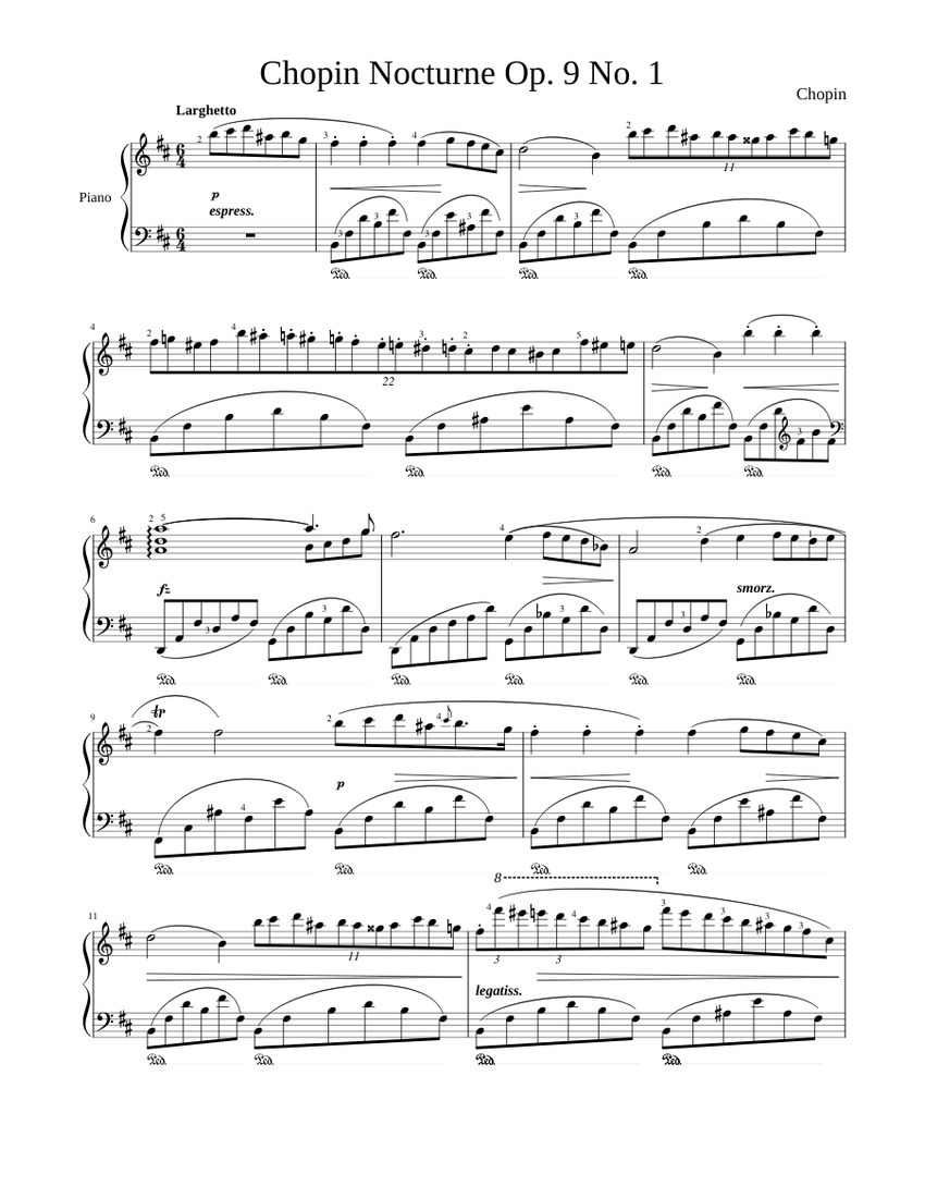 Chopin, Nocturne Op 9 No. 1 Re M, easy version Sheet Music for Piano ...