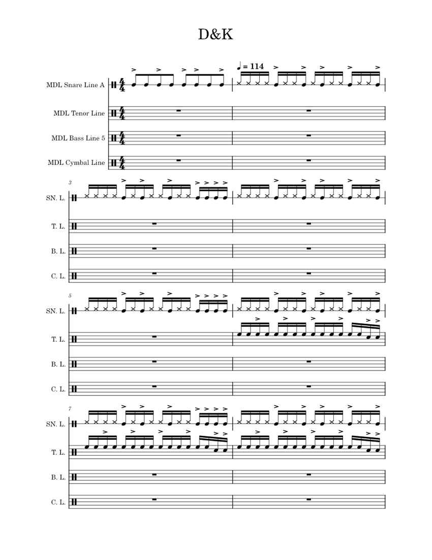 D&K (remake) Sheet music for Snare drum, Crash, Tenor drum, Bass drum ...