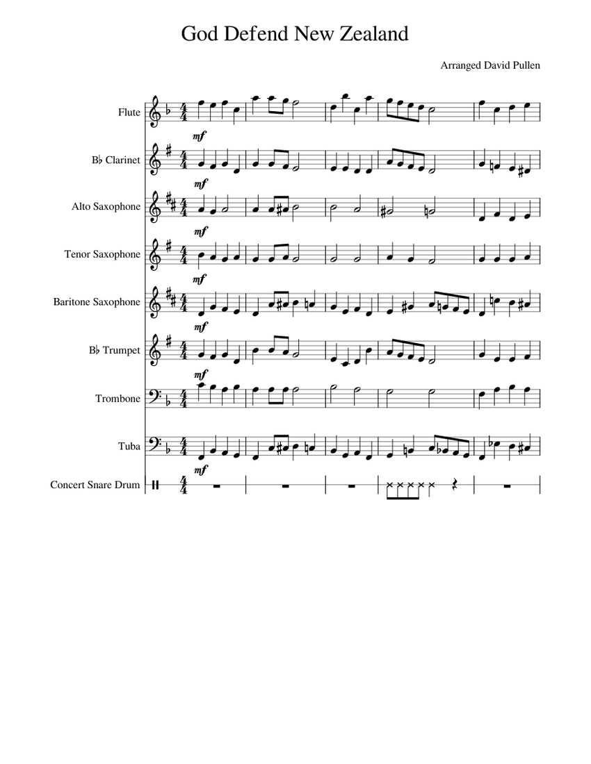 God Defend New Zealand Ensemble Sheet Music for Trombone, Tuba, Flute ...