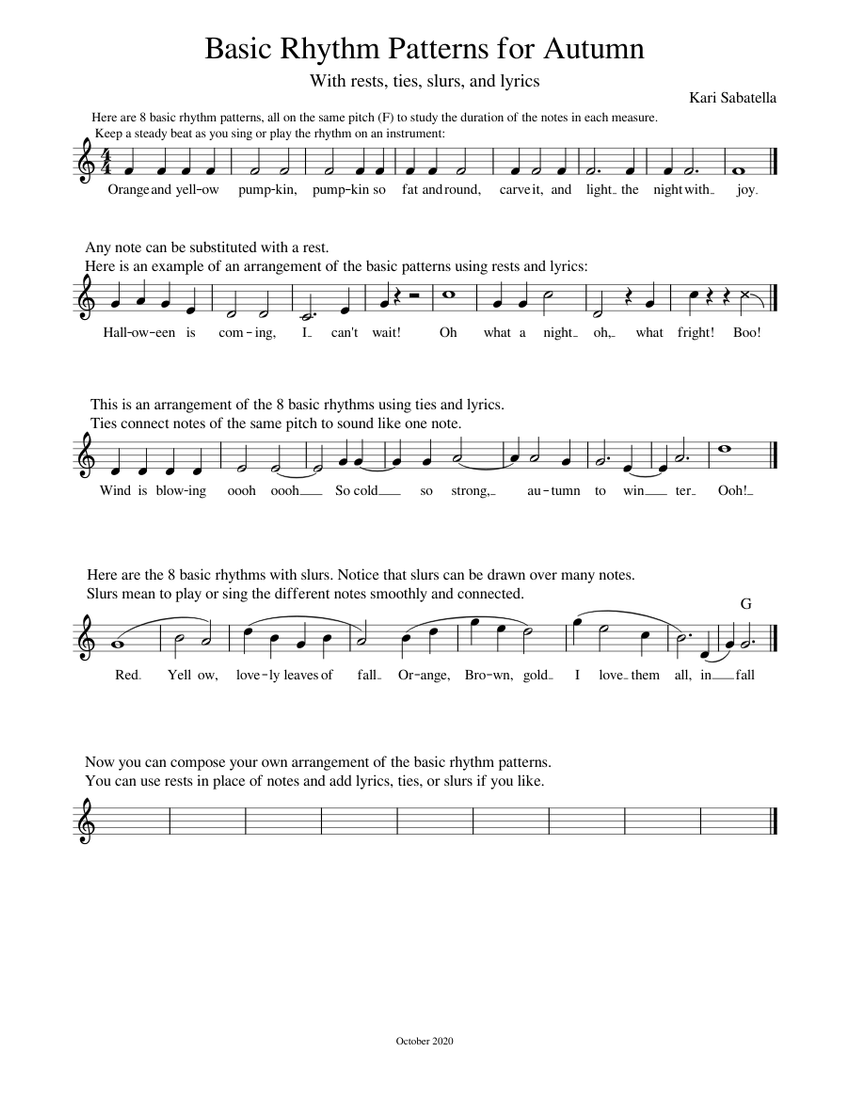 Basic Rhythm Patterns for Autumn with rests, ties, and slurs Sheet ...