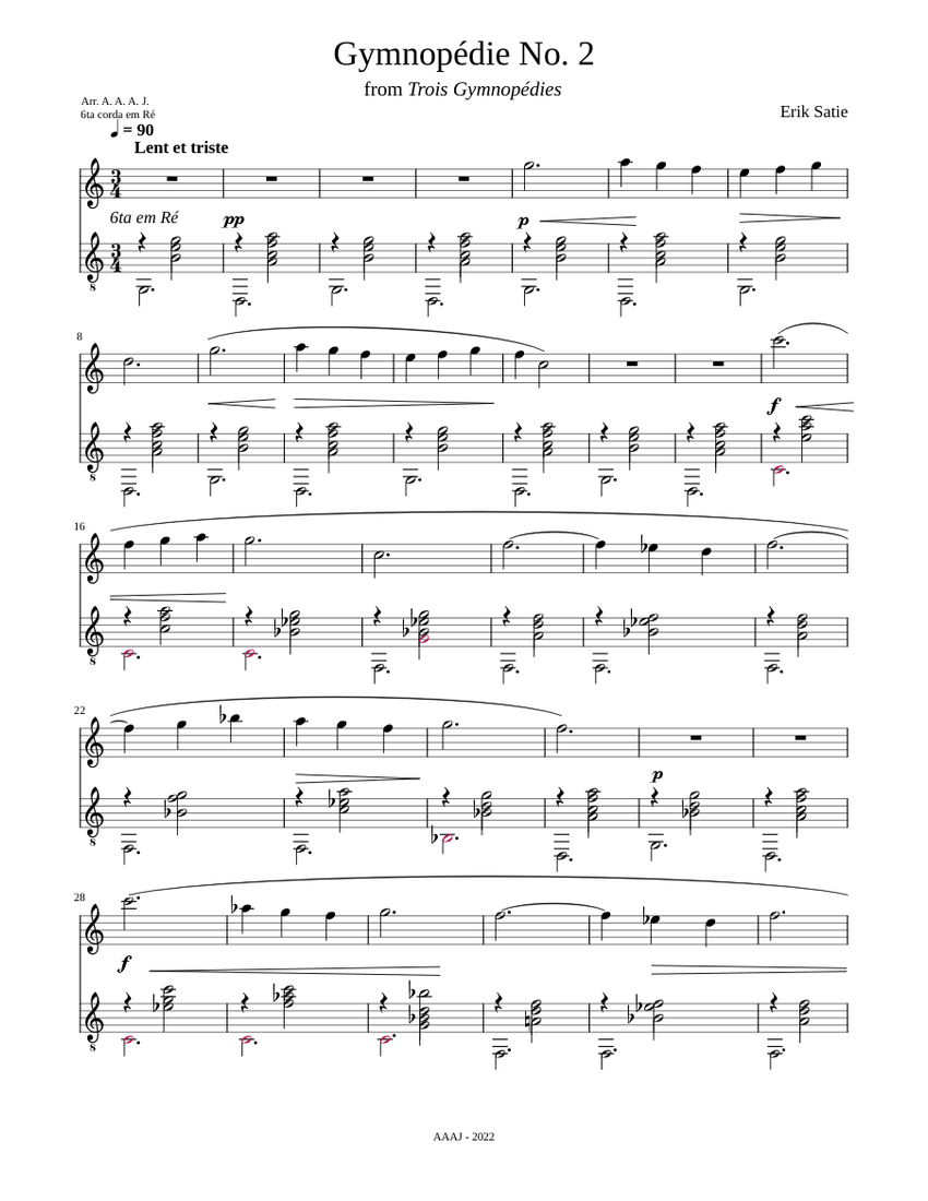 Trois Gymnopédies: n. 2 – Erik Satie Sheet music for Flute, Guitar ...