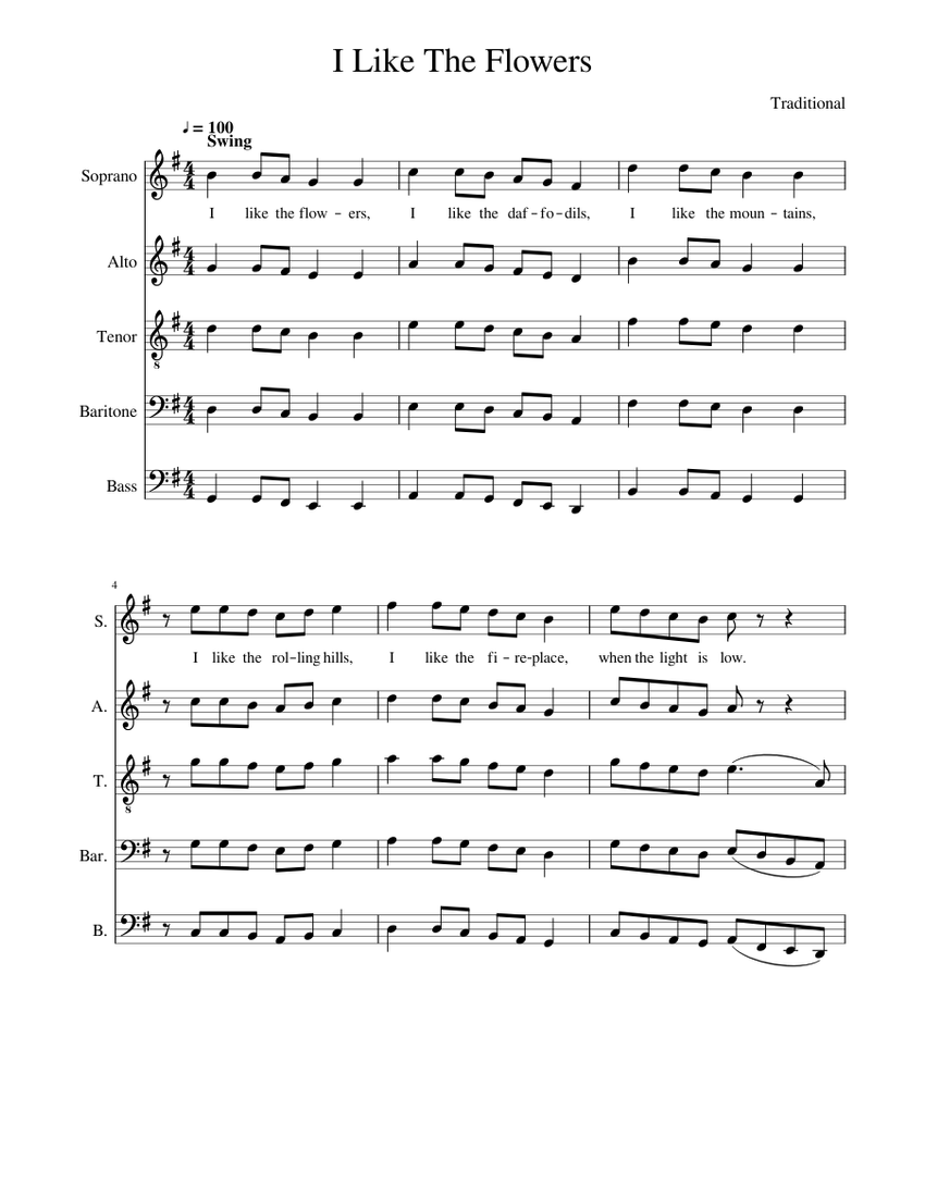 I Like the Flowers Sheet music for Soprano, Alto, Tenor, Bass voice ...
