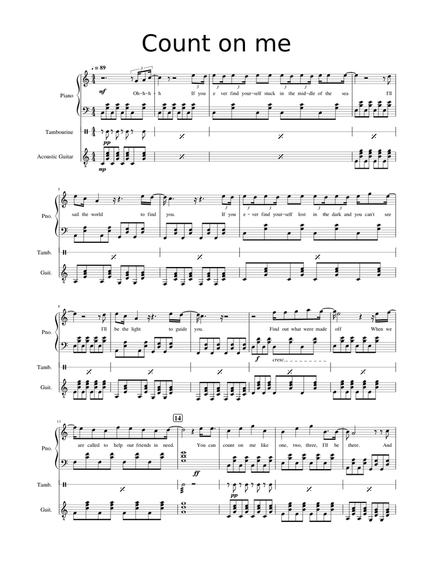 Count on me Sheet Music for Piano, Tambourine, Guitar (Mixed Trio ...