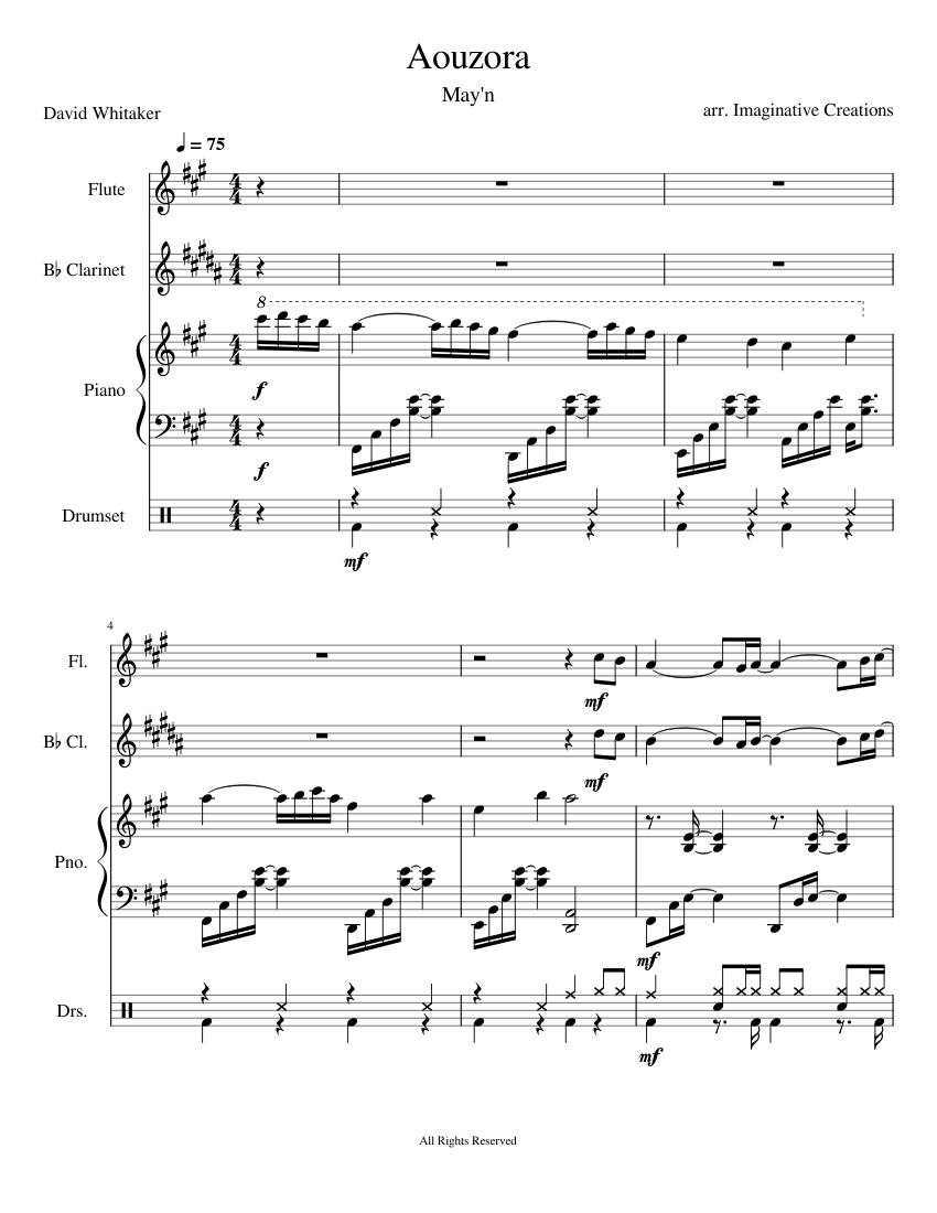 Aozora Sheet music for Piano, Flute, Clarinet in b-flat, Drum group ...