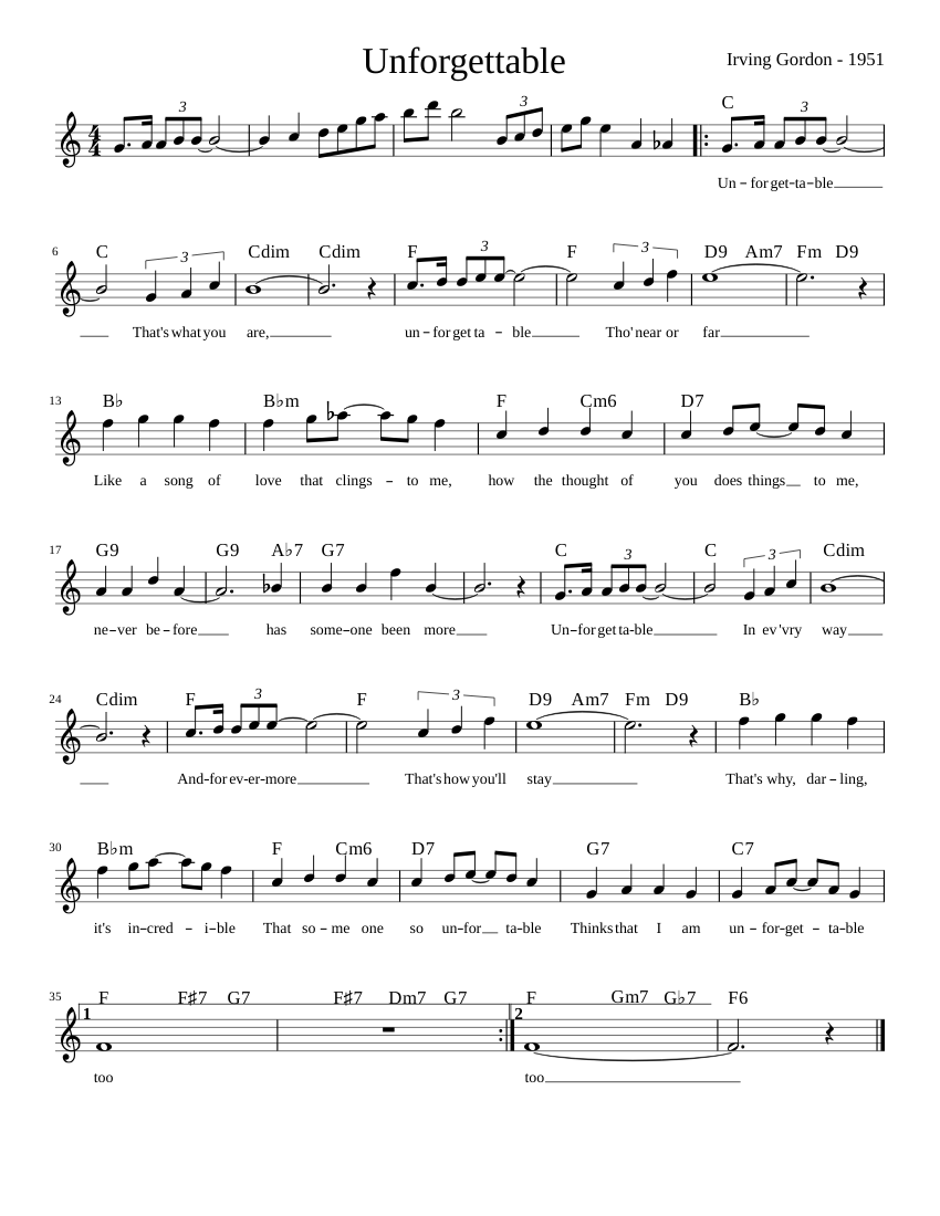 Unforgettable Sheet Music with Chords for Bass guitar (Solo ...