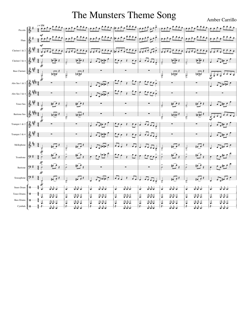 The Munsters Theme Song Sheet Music for Trombone, Tuba, Flute piccolo ...