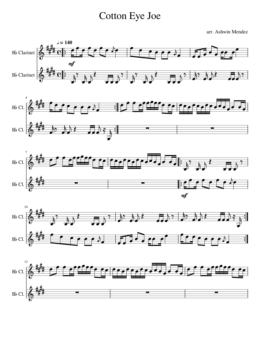 Cotton Eye Joe Sheet Music for Clarinet in b-flat (Woodwind Duet ...