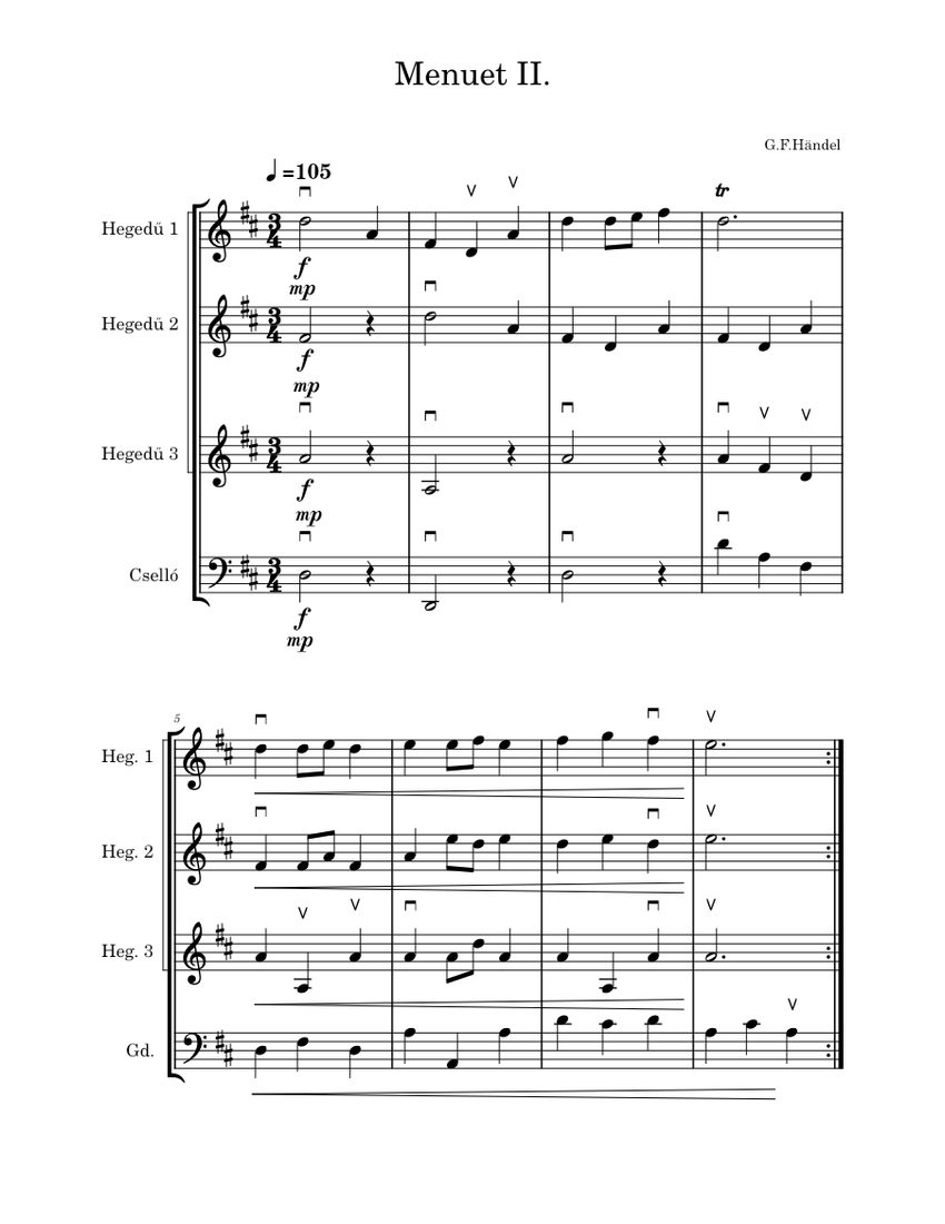 Händel Menuet II Sheet music for Violin, Cello (String Ensemble ...