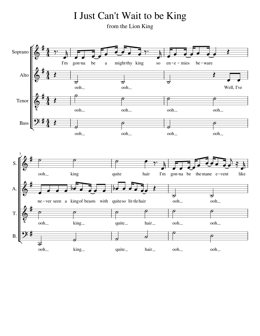 I Just Can't Wait to be King Sheet music for Soprano, Alto, Tenor, Bass ...
