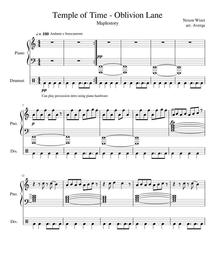 Temple of Time - Oblivion Lane (Maplestory) Sheet Music for Piano, Drum ...