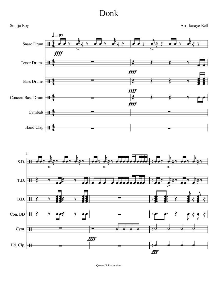 Donk Cadence Sheet Music for Snare drum, Crash, Tenor drum, Bass drum ...