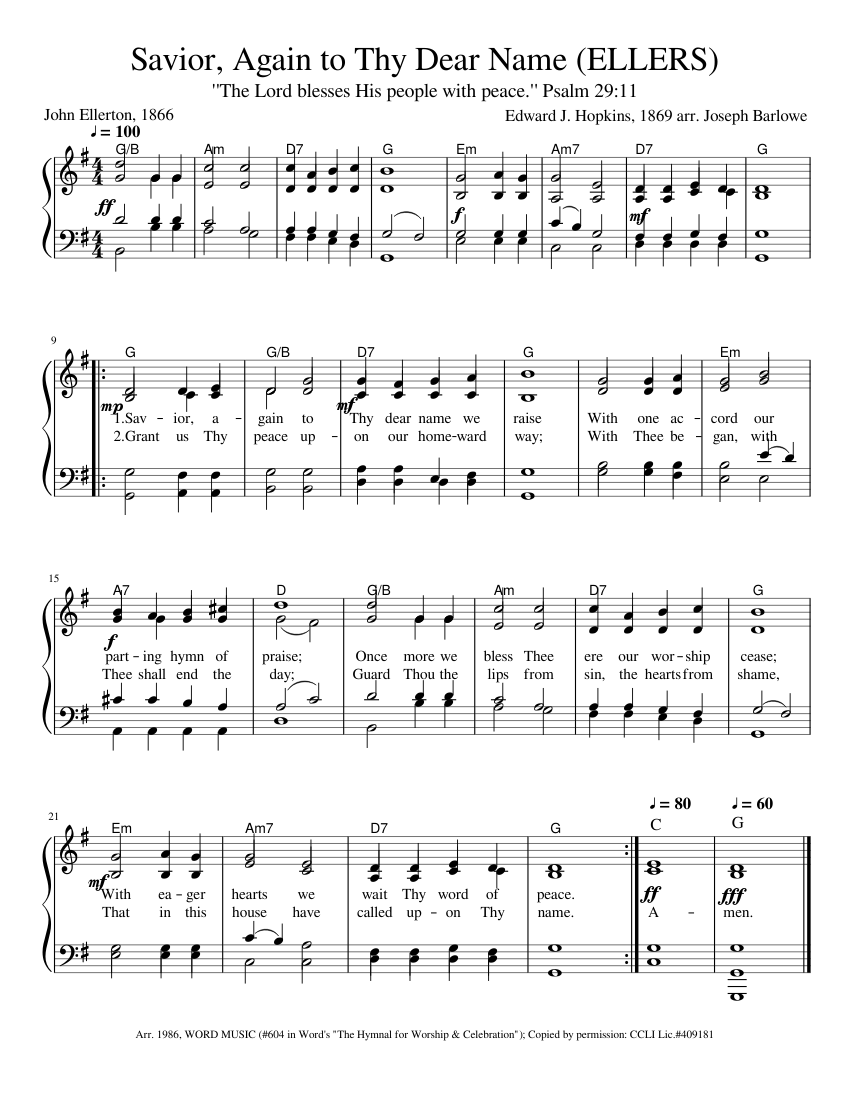 Savior, Again to Thy Dear Name (ELLERS) Sheet Music with Chords for ...