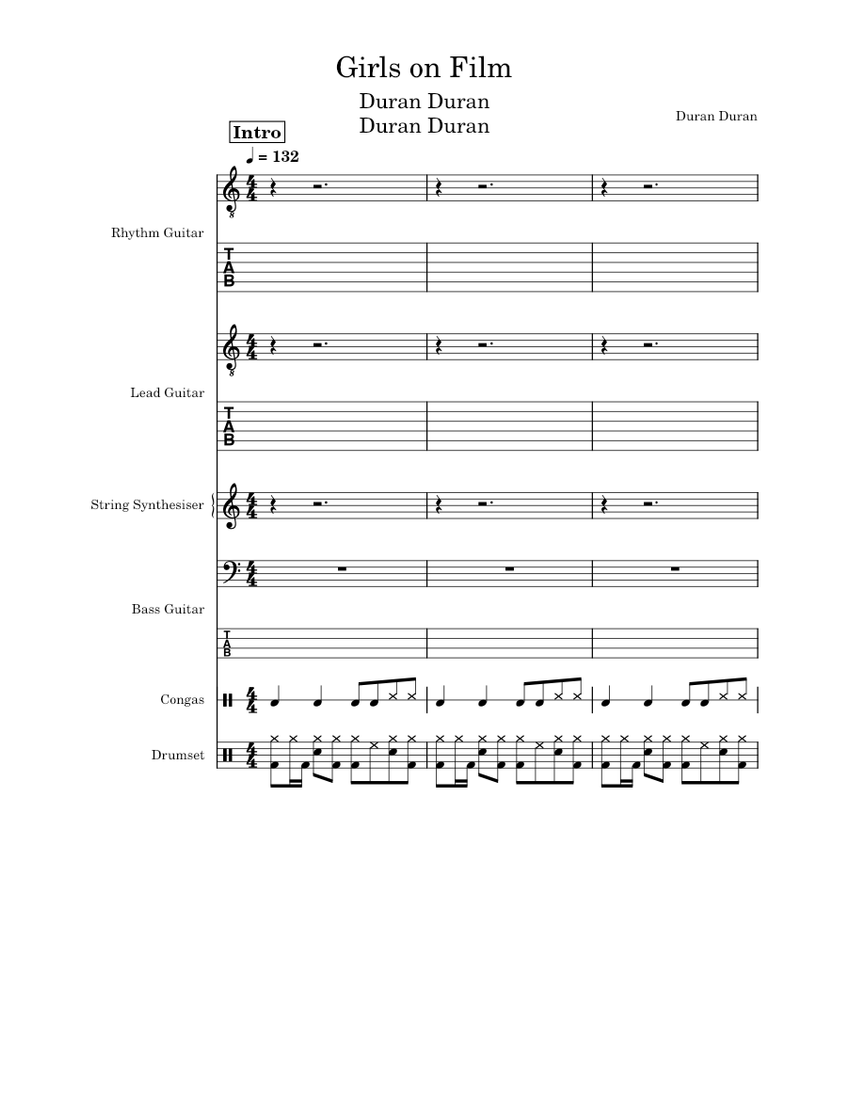 Girls on Film - Duran Duran Sheet Music and Tab for Guitar, Bass guitar ...