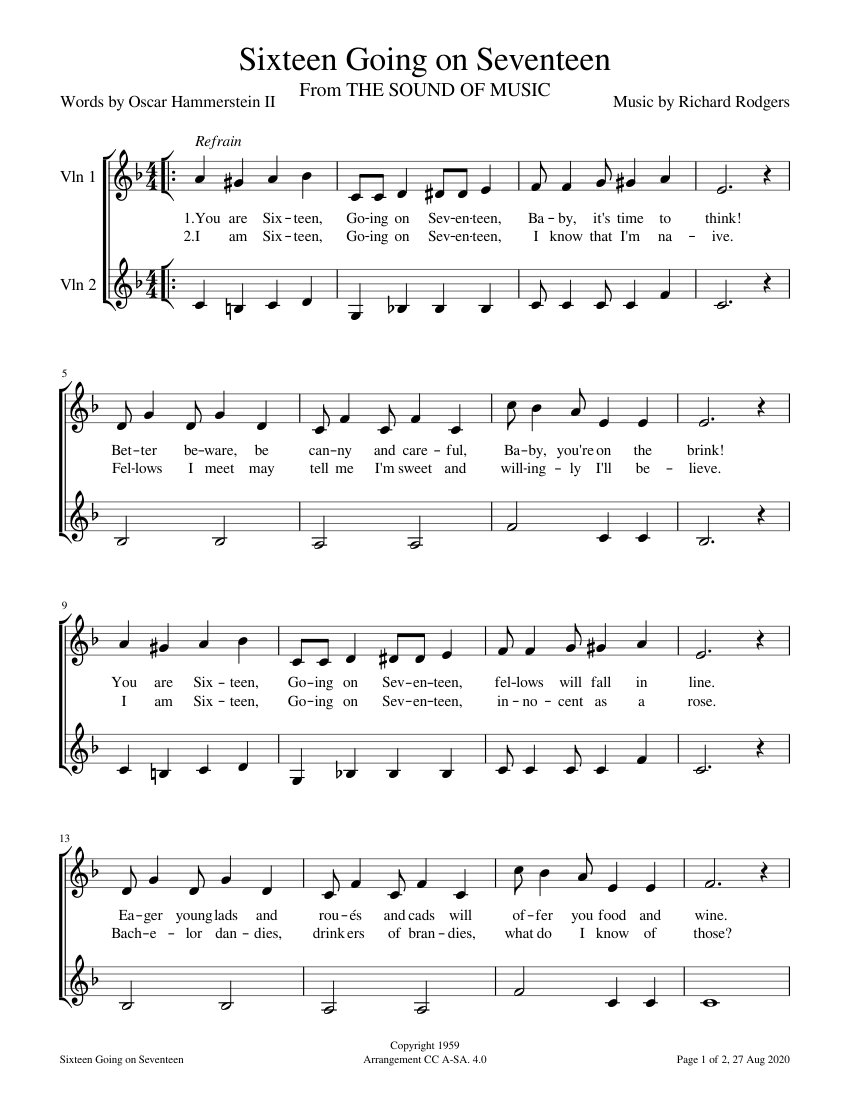 Sixteen Going on Seventeen Sheet Music for Violin (String Duet ...