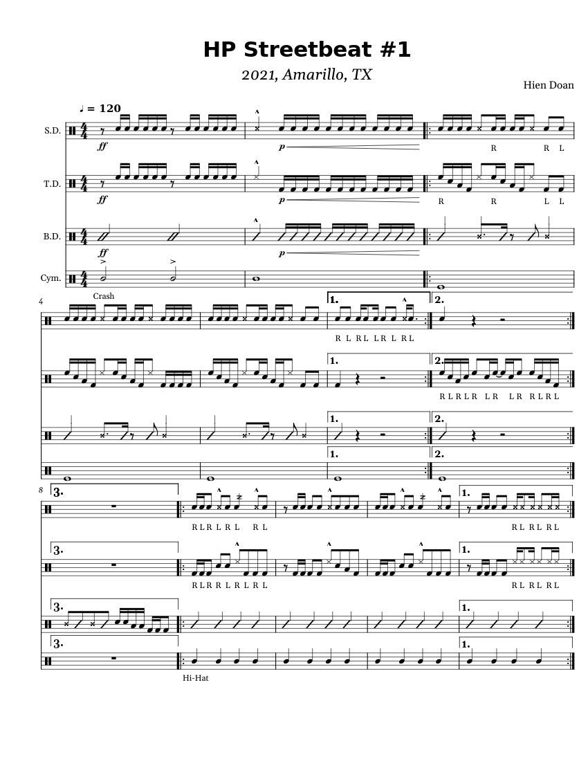 HP_Streetbeat_#1 Sheet music for Snare drum, Crash, Tenor drum, Bass drum (Percussion Quartet ...