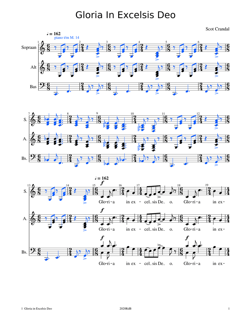 Gloria In Excelsis Deo Sheet Music for Soprano, Alto, Bass voice (SATB ...