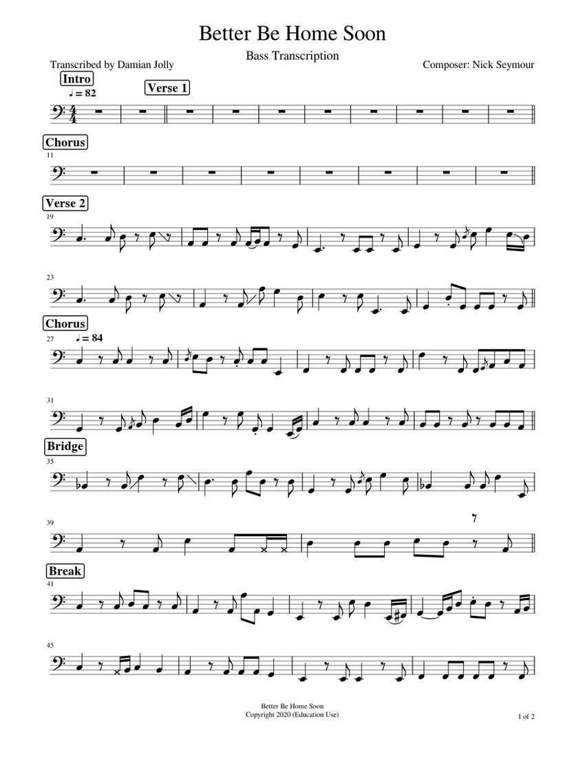 Better Be Home Soon Sheet Music for Bass guitar (Solo) | MuseScore.com