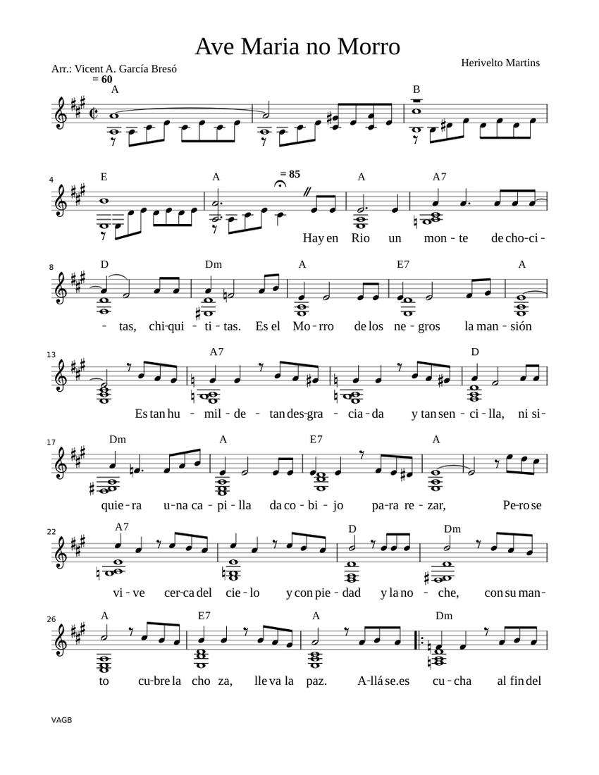 Ave Maria no Morro Sheet Music with Chords for Piano (Piano-Voice) easy ...