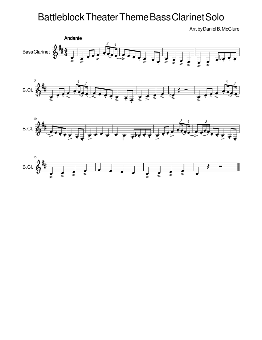 Battleblock Theater Theme Bass Clarinet Solo Sheet Music for Clarinet ...
