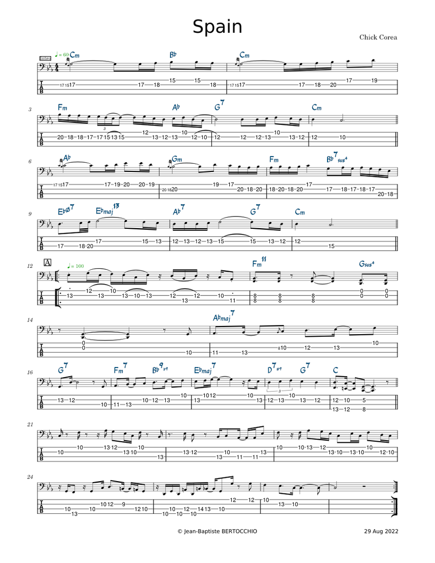 Spain - Chick Correa Basse Sheet Music and Tab with Chords for Bass ...