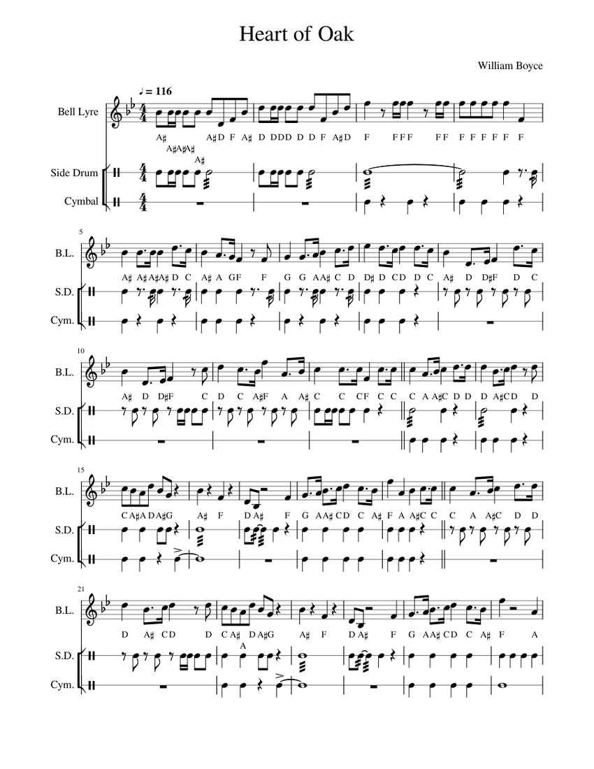 Heart of Oak Sheet Music for Piano, Snare drum, Crash (Mixed Trio) | MuseScore.com