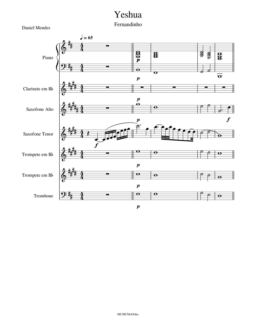 Yeshua Sheet Music for Piano, Trombone, Clarinet in b-flat, Saxophone ...