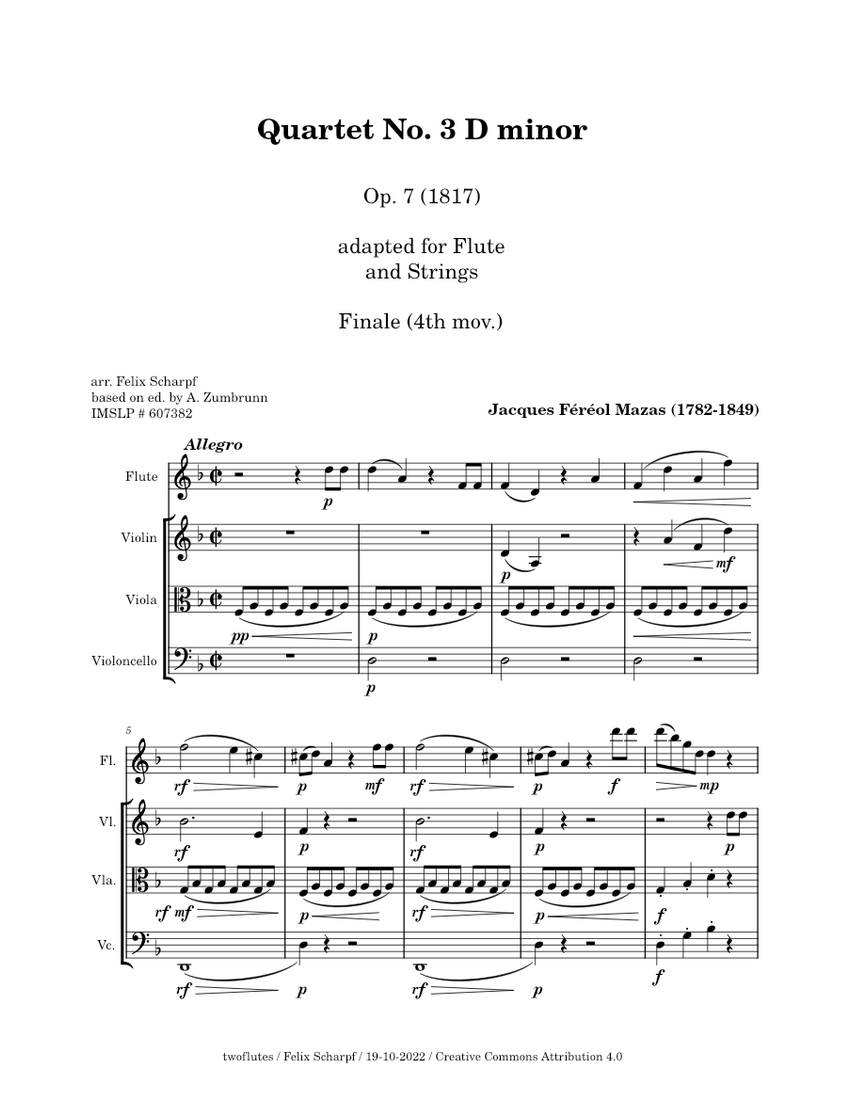 Quartet Op. 7, No. 3, 4th mov. - Jacques Féréol Mazas - arr. for Flute and Strings - piano tutorial