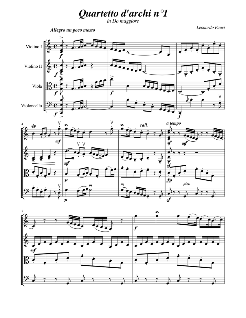String Quartet in C Major n.1 Sheet Music for Violin, Viola, Cello ...