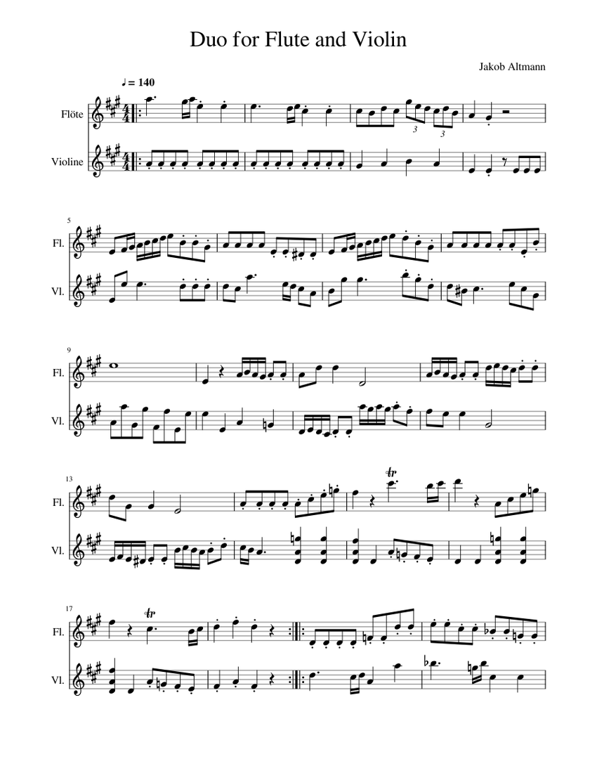 Duo for Flute and Violin in A Major (Op.26a) Sheet Music for Flute ...