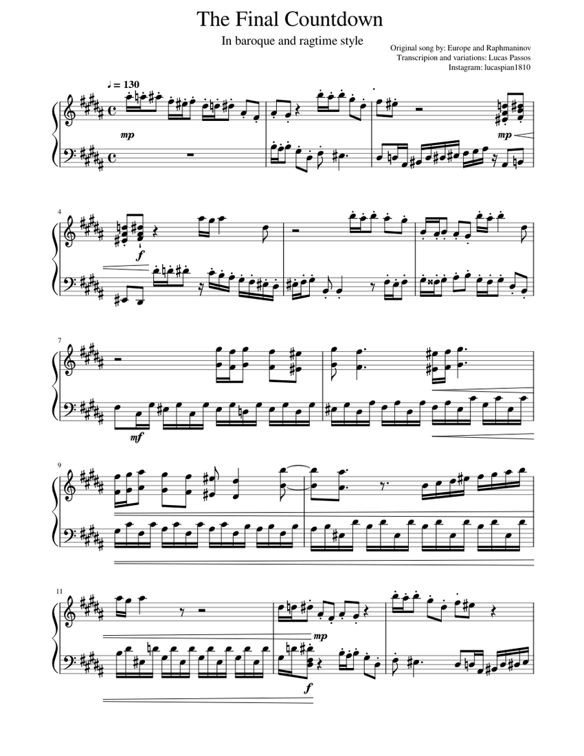 The Final Countdown Baroque and Ragtime Sheet Music for Piano (Solo ...