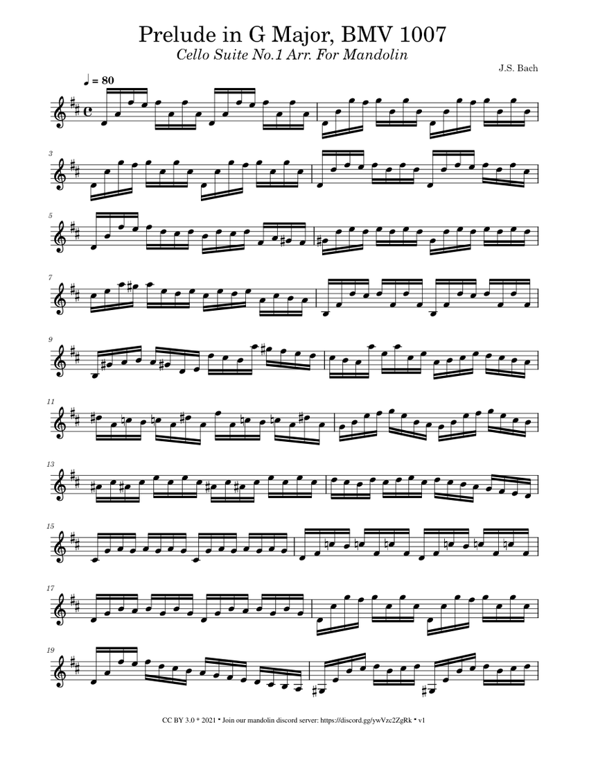 Prelude from Bach Cello Suite No.1 Sheet Music for Mandolin (Solo ...