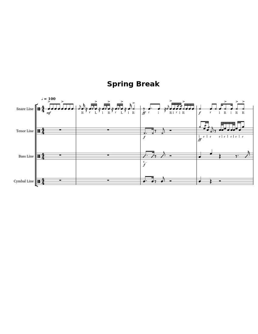 Spring Break: Drum Cadence Sheet music for Snare drum, Crash, Tenor ...