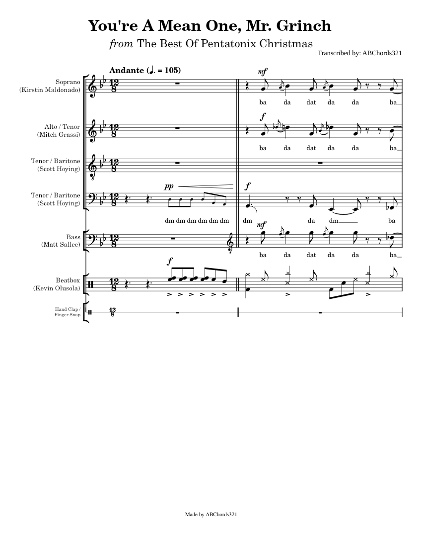 You're A Mean One, Mr. Grinch | Pentatonix [Full Sheet Music ...
