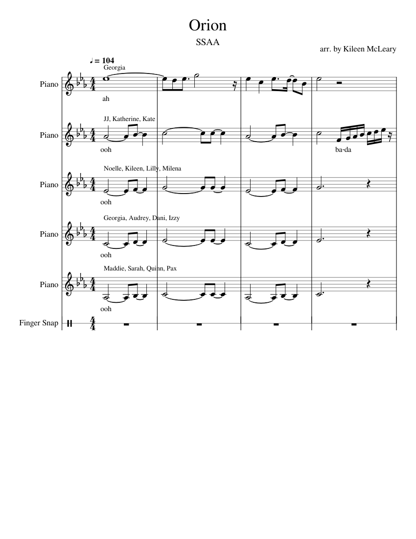 Orion SSAA Sheet music for Piano, Snap (Mixed Ensemble) | Musescore.com