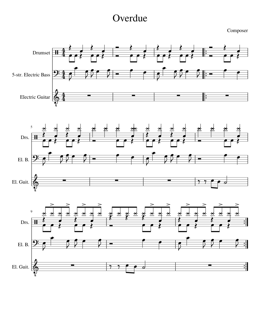Overdue Sheet music for Guitar, Bass guitar, Drum group (Mixed Trio ...