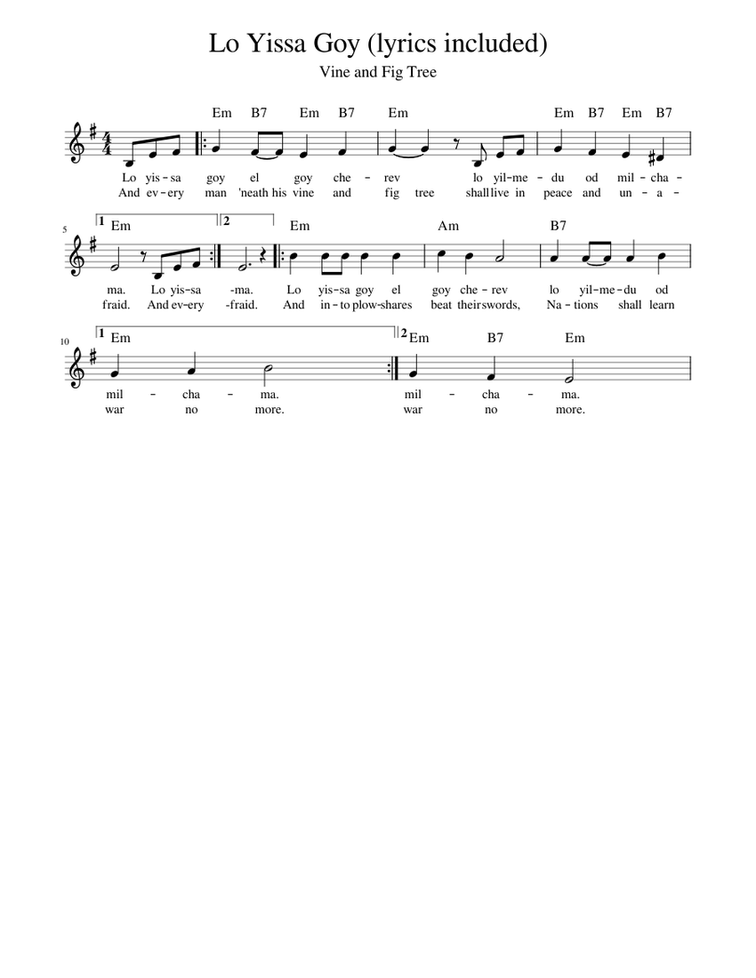 Lo Yissa Goy (lyrics included) Sheet music for Piano (Solo) Easy ...