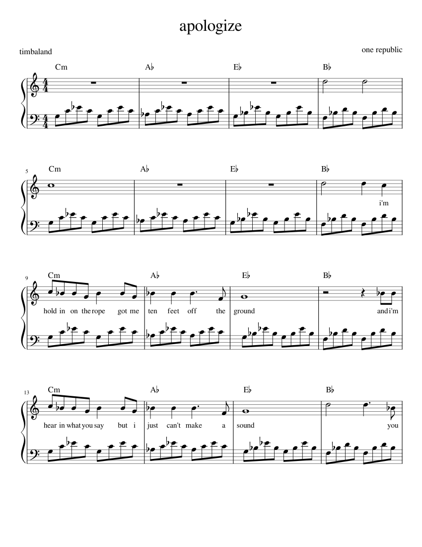 Apologize – OneRepublic Sheet Music with Chords for Piano (Solo) Easy ...