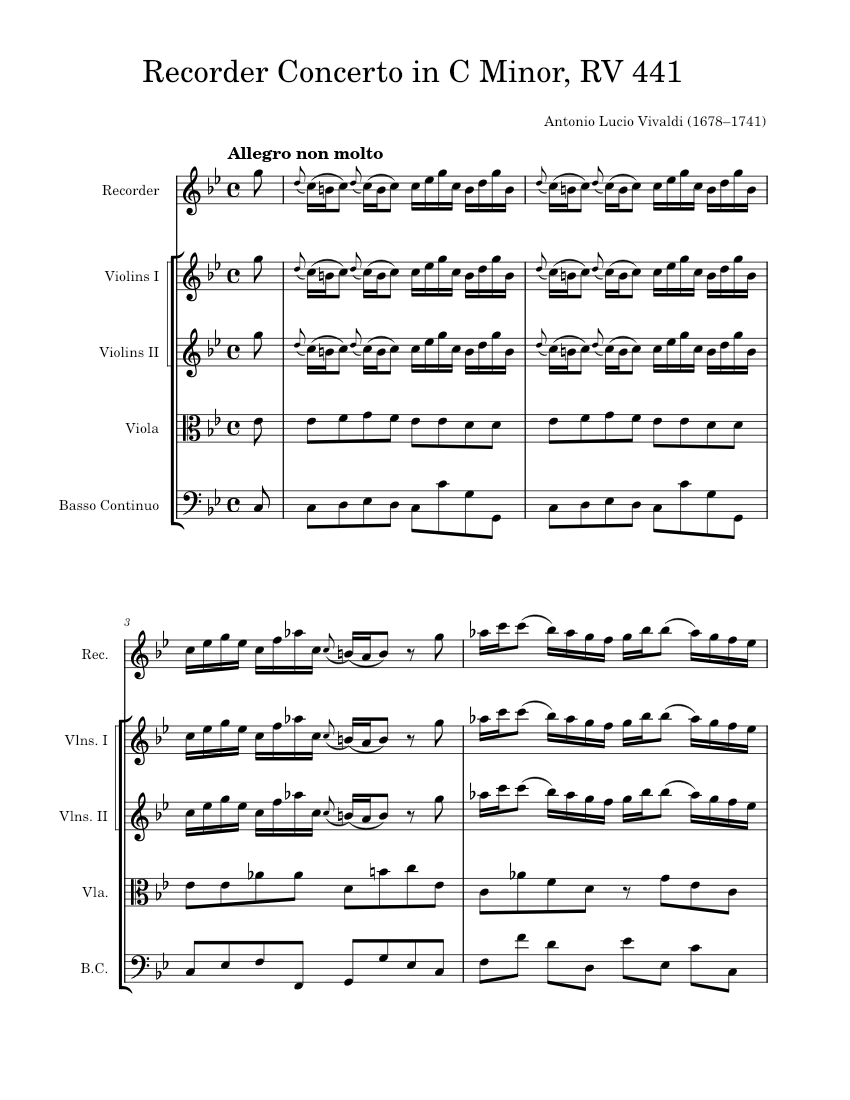 Vivaldi—Recorder Concerto in C Minor, RV 441 Sheet Music for Viola, Cello, Strings group ...